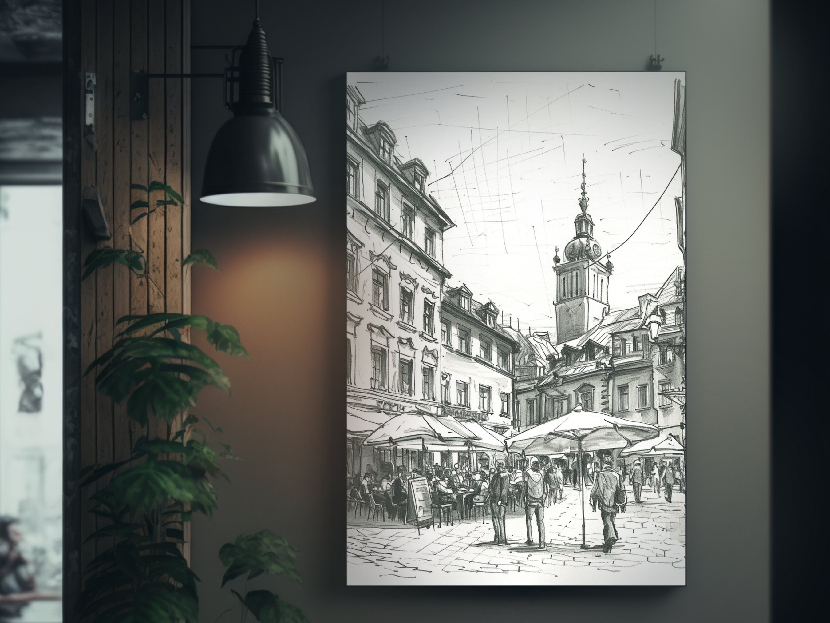 Ultra-detailed European City Square Ink Drawing Modern Architecture ...