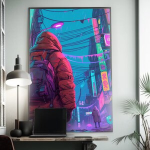 Cyberpunk Cityscape Poster Retrofuturism Art Print Neon Rainy Ambience ...