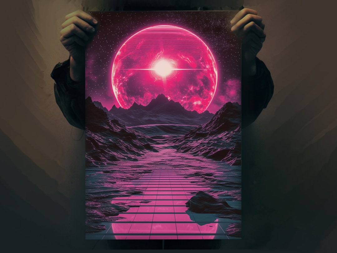 Futuristic Synthwave Art Retro Mountain Design Digital Poster ...