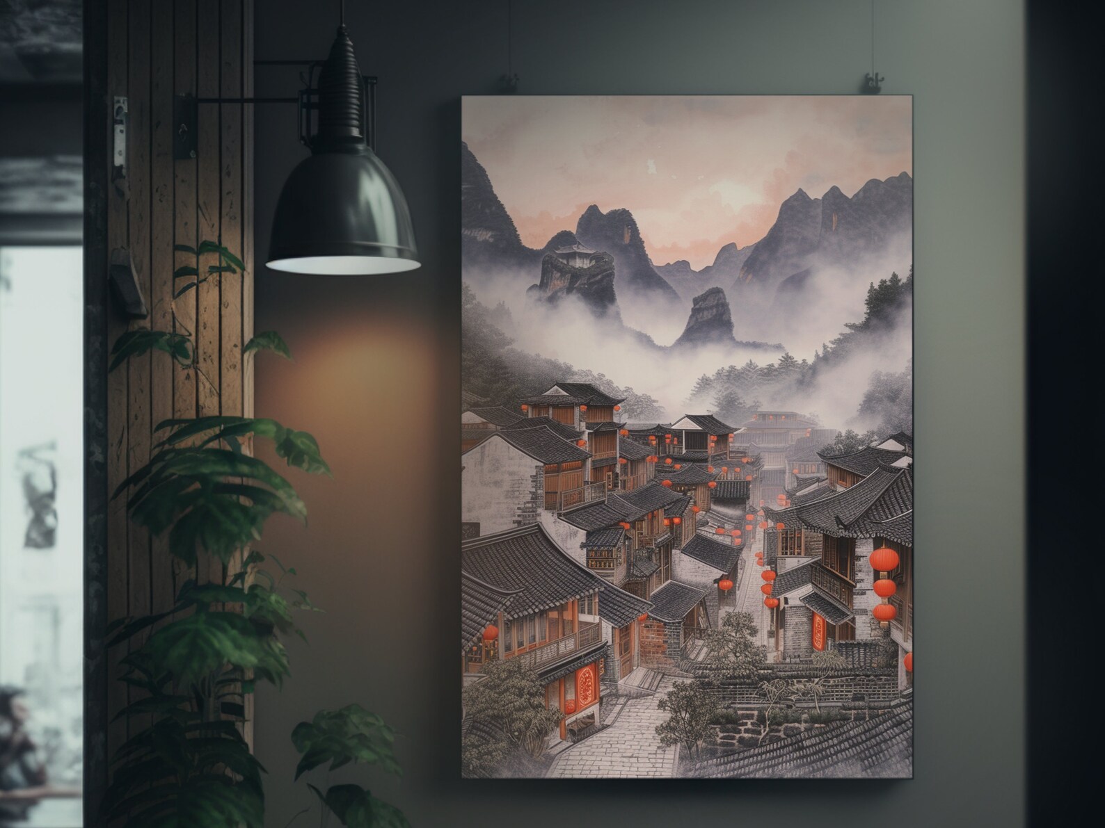 Chinese Village Matte Painting Mountain Scenery Cloisonnism Art Tang ...