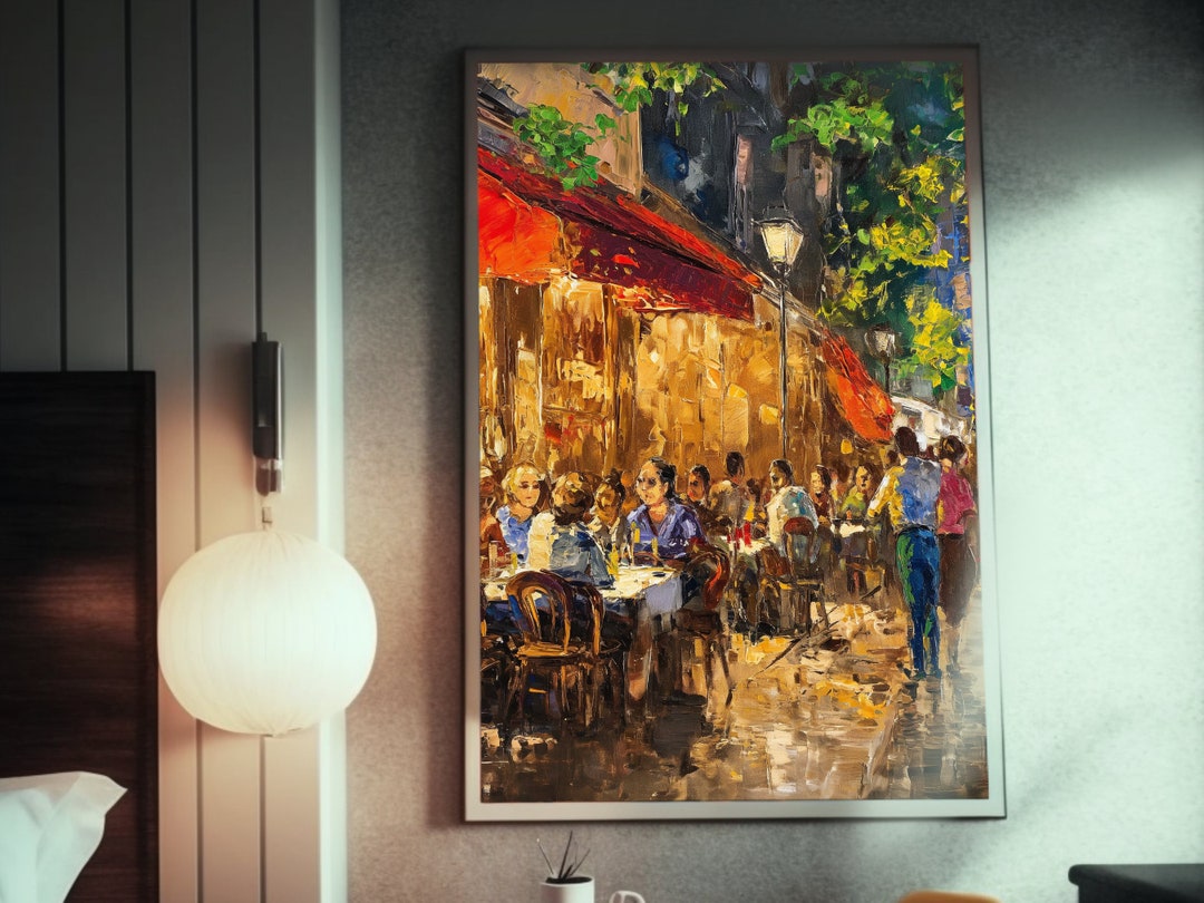 Vintage Impressionist Oil Painting Outdoor Cafe Scene Poster Figurative ...