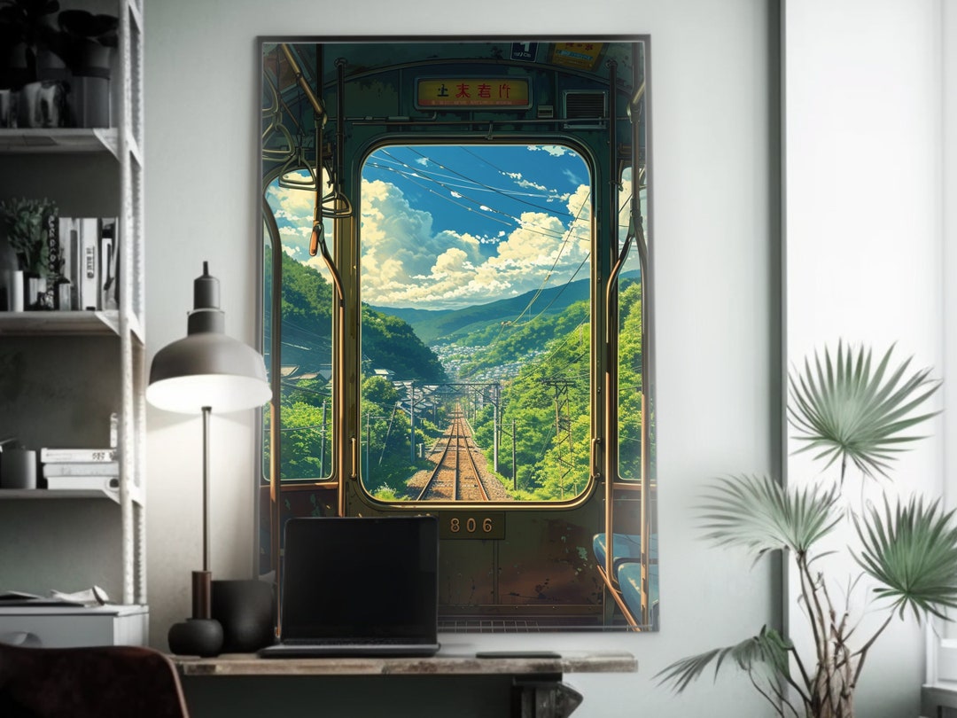 Anime Train Track Poster Lush Green Hillside Matte Painting High Detail ...