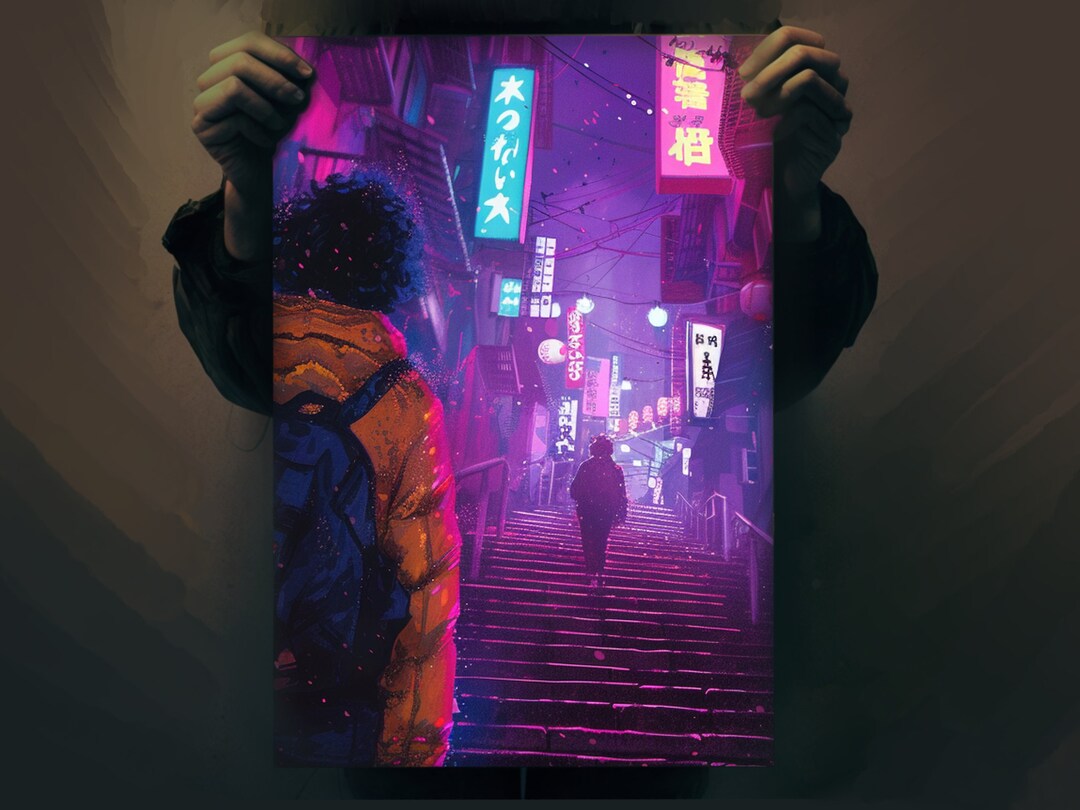 Cyberpunk Stairs Artwork Dreamy Colors Digital Art Print Futuristic ...