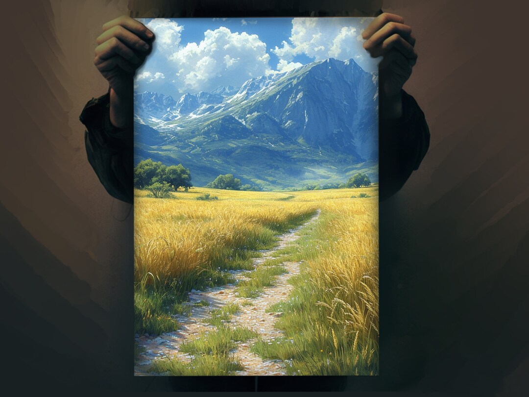 Stunning 8K Field & Mountain Landscape Poster Photorealistic Matte ...