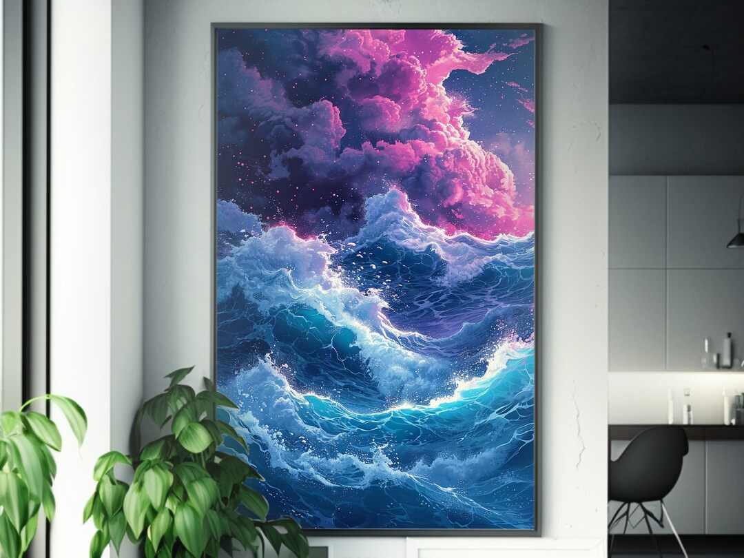 Psychedelic Sea Art Poster Detailed Ocean Painting Cloudy Sky Art ...