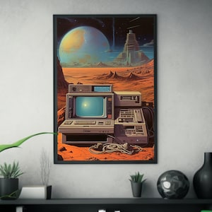 Retrofuturism Computer & Monitor in Desert 1980s Synthwave Art Sci-fi ...