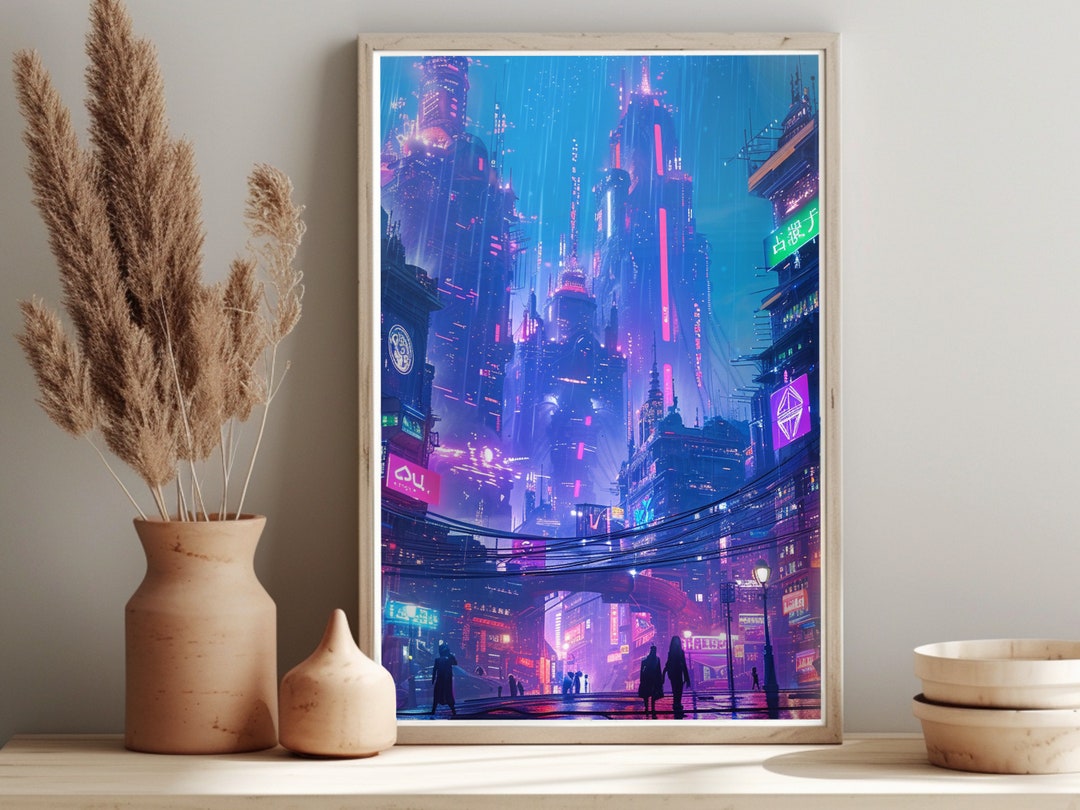 Neon Cyberpunk City Poster Futuristic Night Skyline Art Print ...