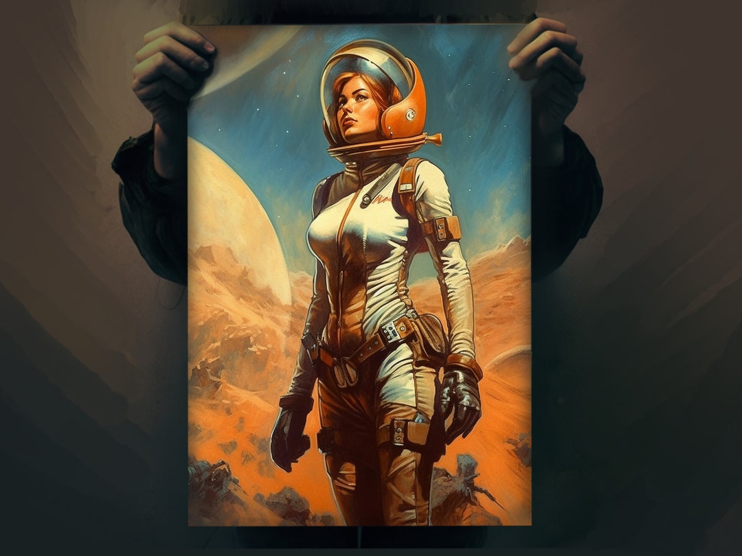 Vintage Cosmic Odyssey: Retro Poster of a Trailblazing Woman Astronaut ...