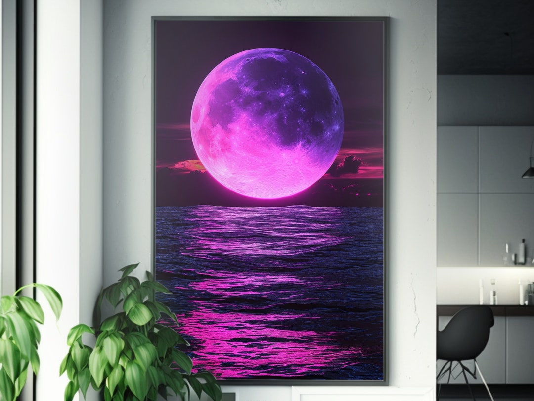 Pink Moon Rising Poster Neo-romantic Sailor Moon Art Moonlit Purple Sky ...