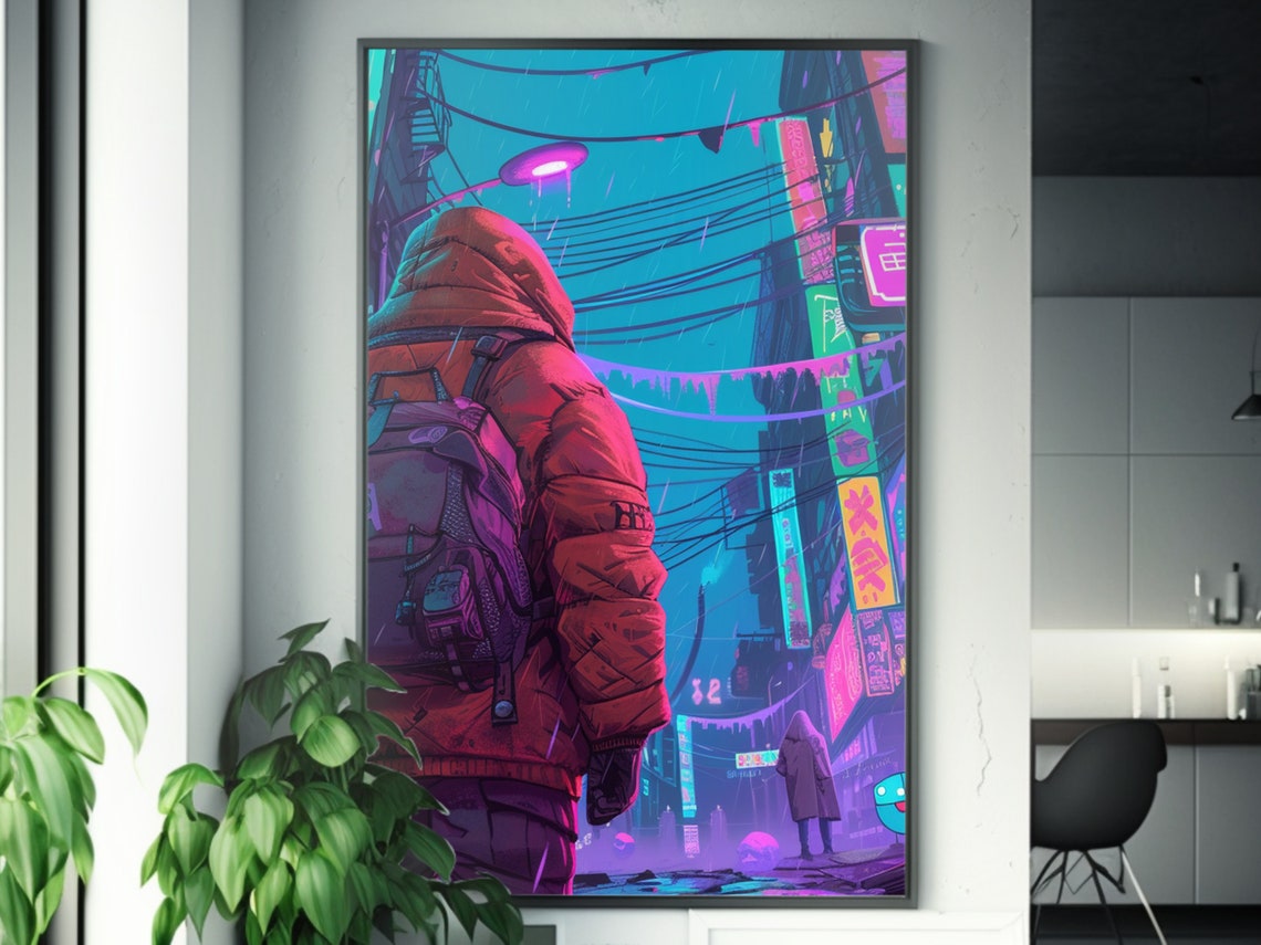 Cyberpunk Cityscape Poster Retrofuturism Art Print Neon Rainy Ambience ...