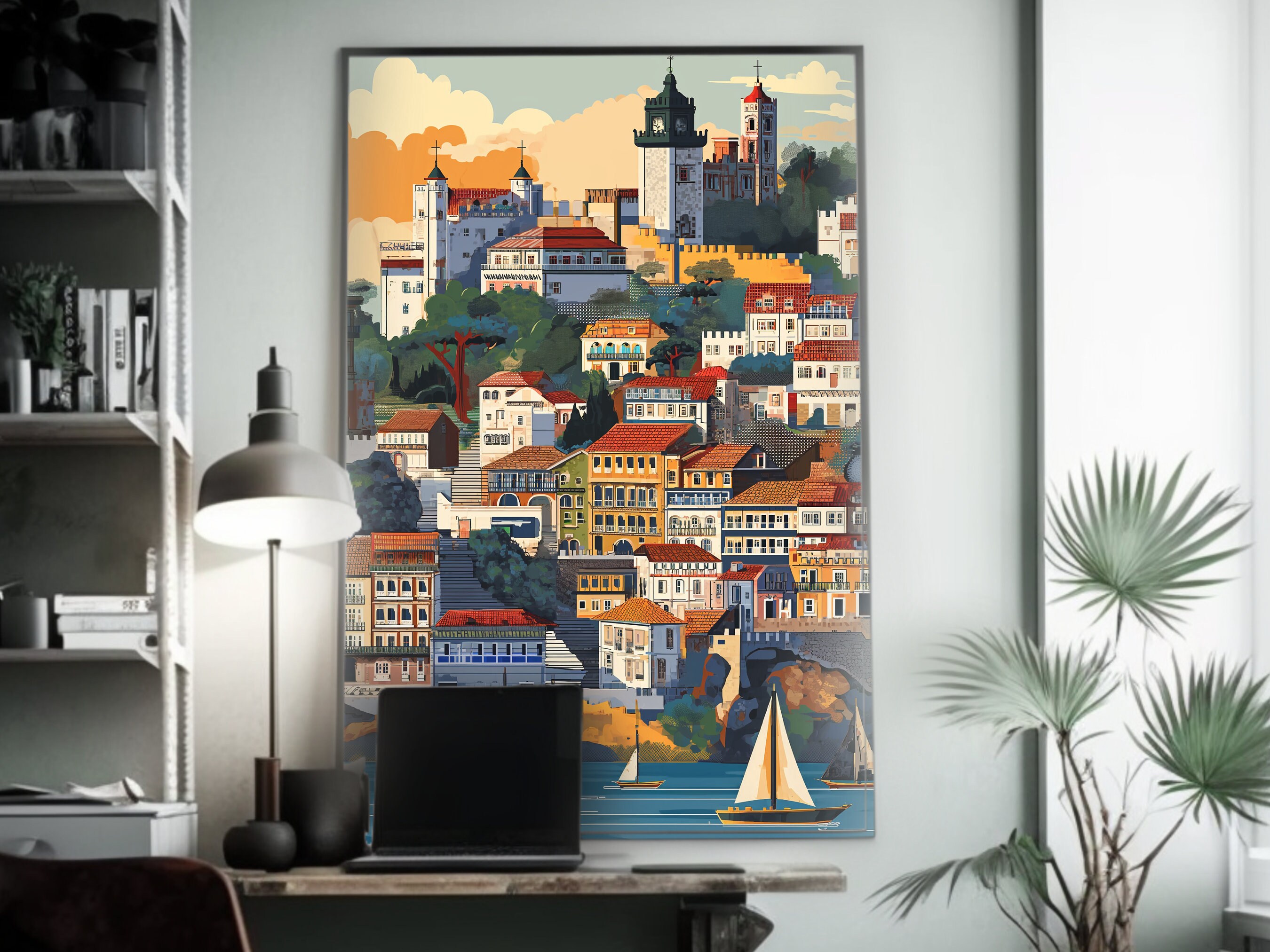 City by Water Poster Detailed Painting Plein Air Art Lisbon Cityscape ...