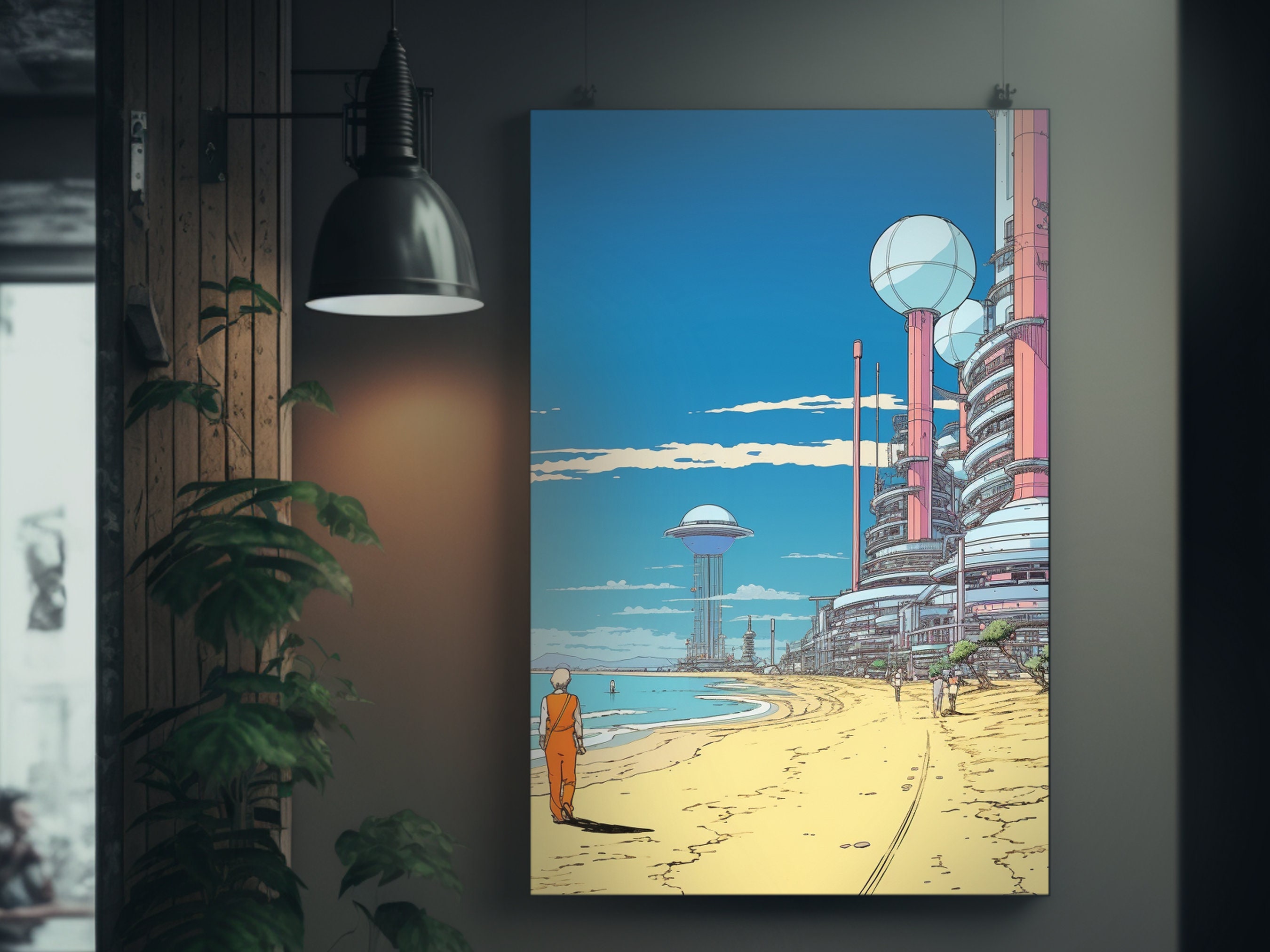 Anime Beach Walk With Futuristic City Backdrop Retrofuturistic Comic ...