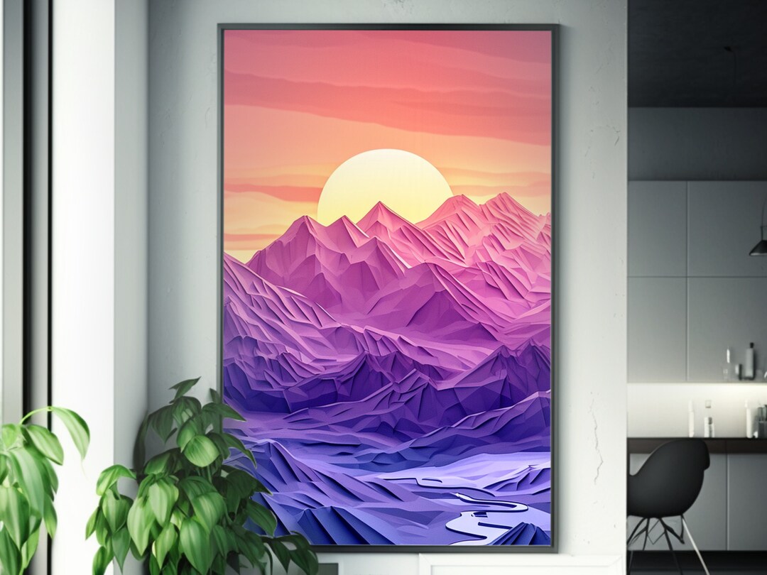 Sunset Mountain Range Low Poly Art Poster Vibrant Paper Craft Colorful ...