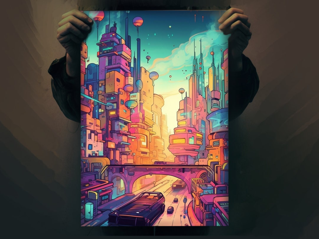 Cyberpunk City & Bus Illustration Retrofuturistic Wall Art Poster ...