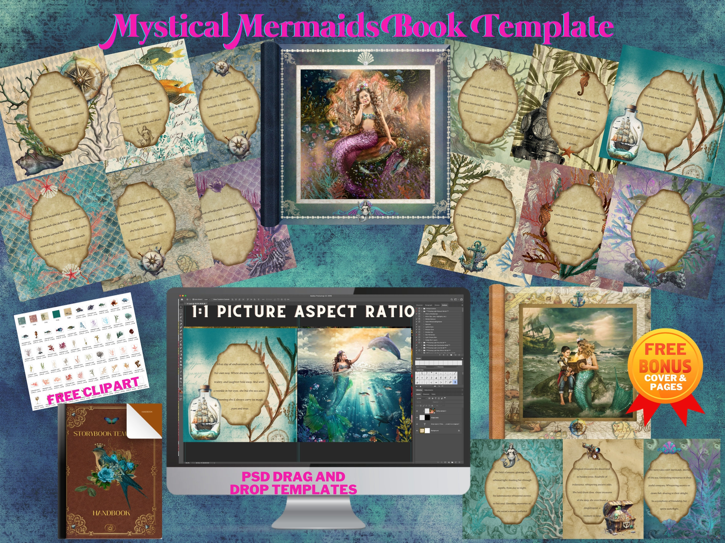 Premium Mermaid Storybook Album PSD Template, Square Picture 1:1 RATIO ...