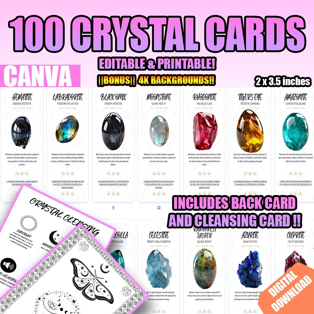 100 Printable Crystal Meaning Cards, Business Card Sized Editable ...