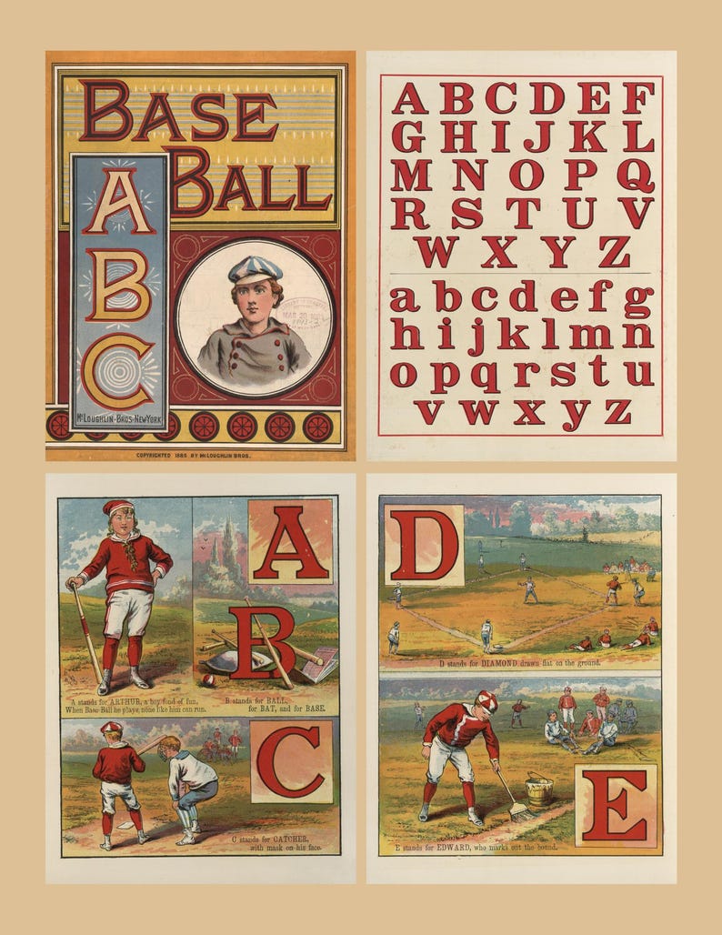 Baseball ABC Vintage Children's Book Illustrations, Printable Ephemera ...