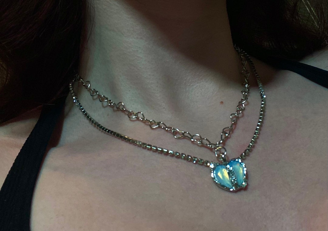 Mint Heart Necklace Cybercore Necklace Sirencore Jewelry Double Chain ...
