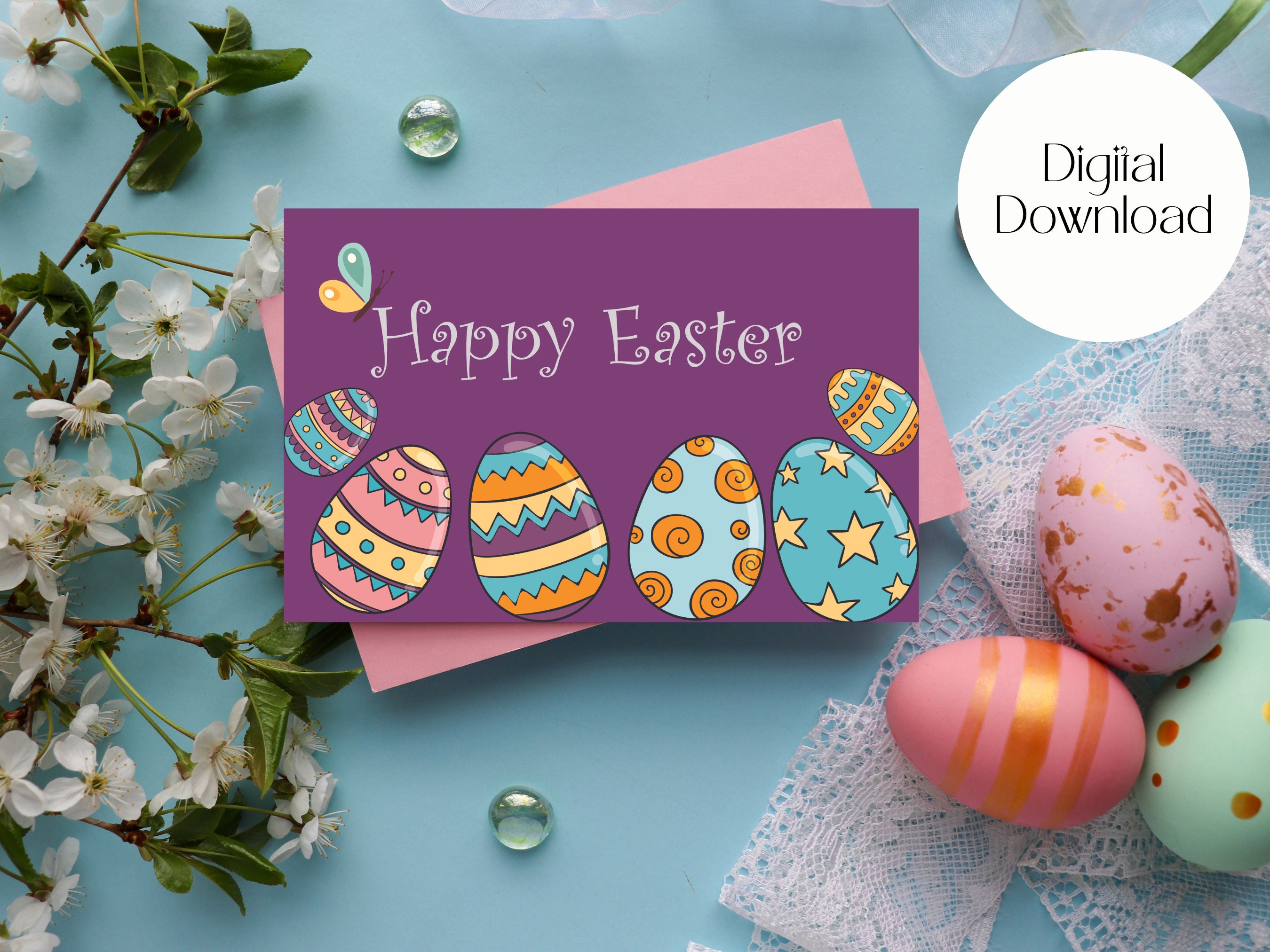 Happy Easter Printable Card / Instant Download / Easter Card Template / Easter Bunny With Eggs ...