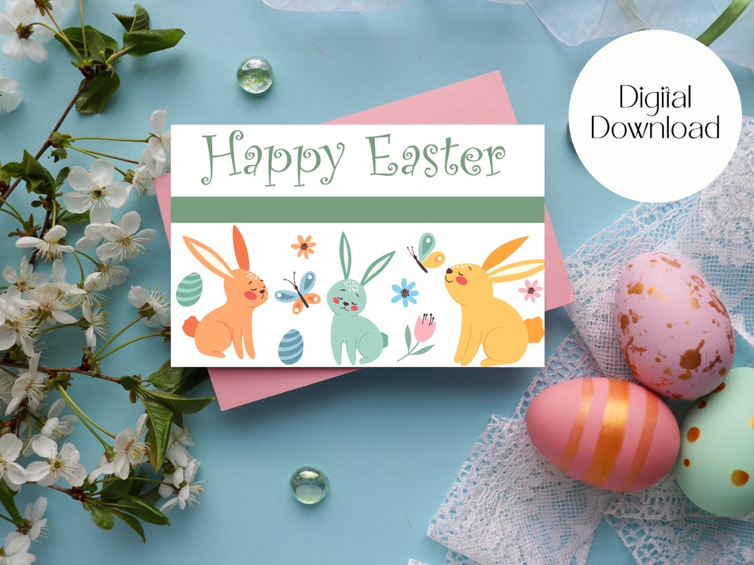 Happy Easter Printable Card / Instant Download / Easter Card Template / Easter Bunny With Eggs ...