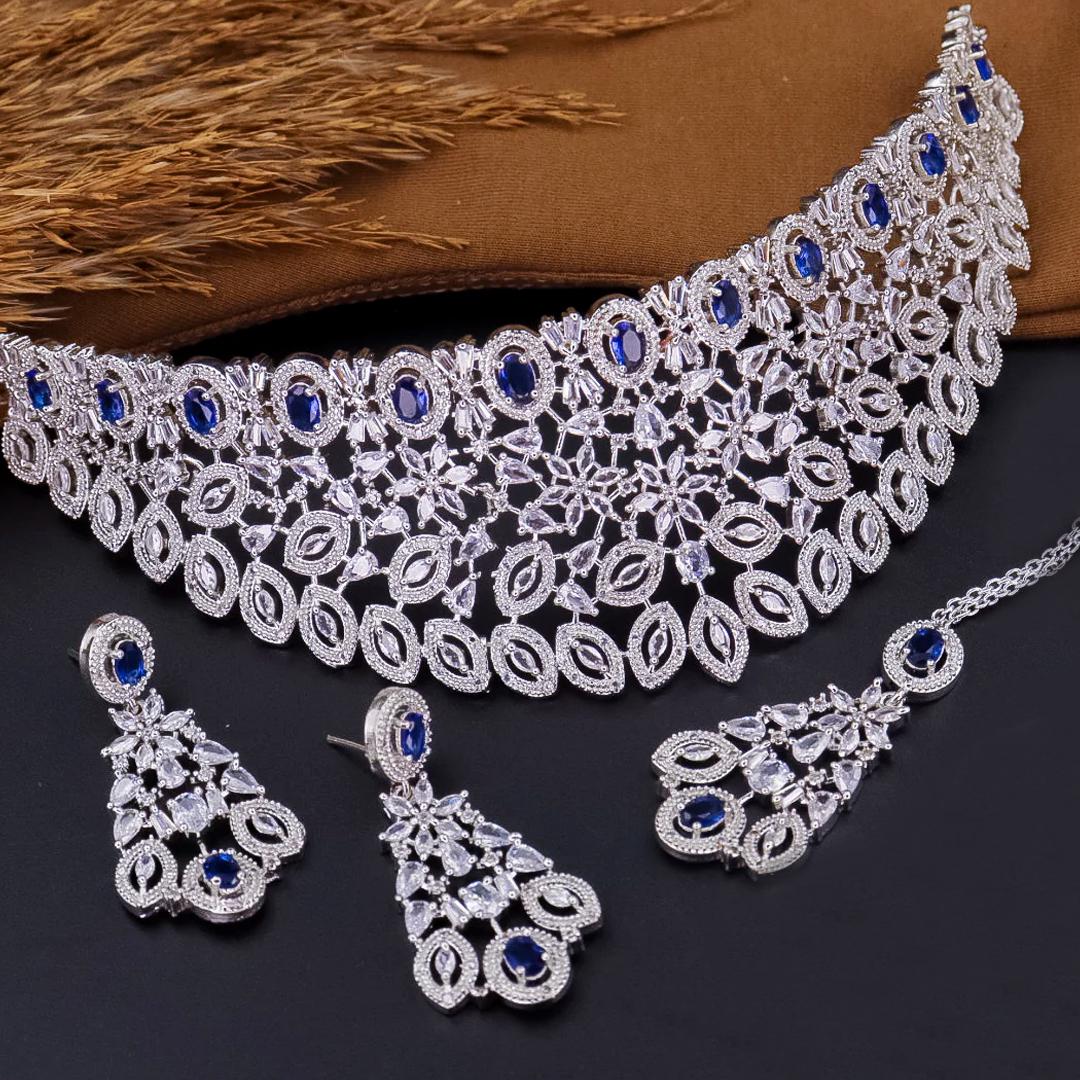Silver Cubic Zirconia Diamond Bridal Necklace Set, AD Choker Set ...