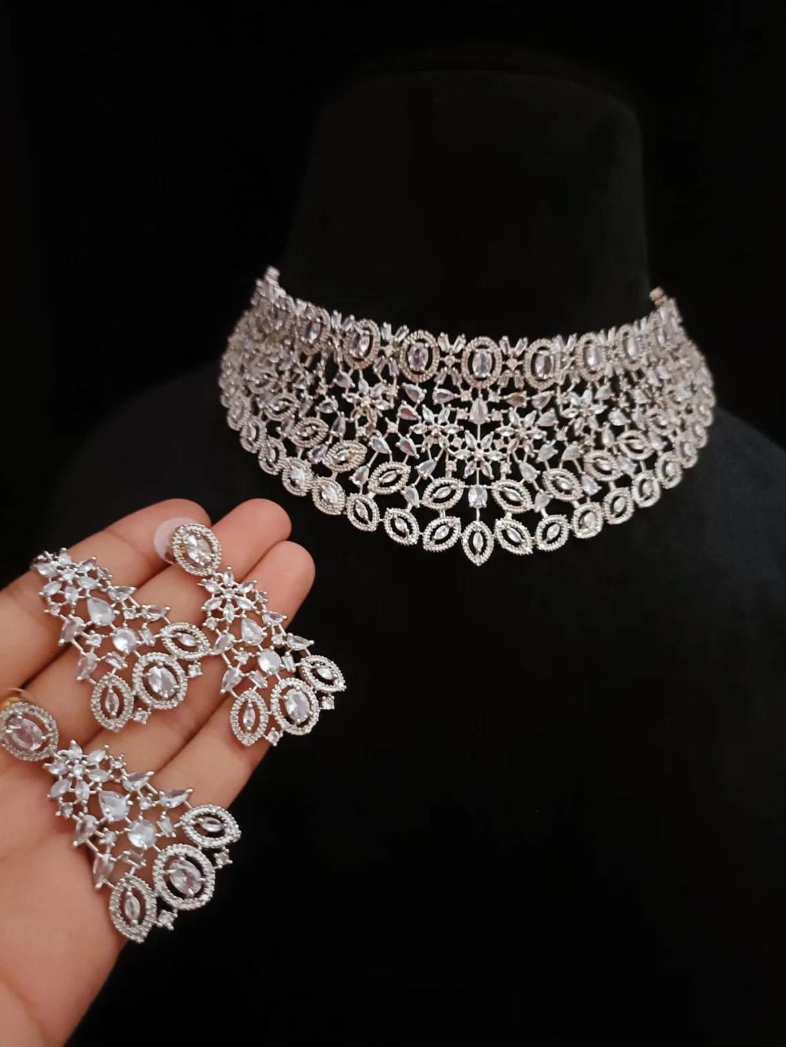 Silver Cubic Zirconia Diamond Bridal Necklace Set, AD Choker Set ...