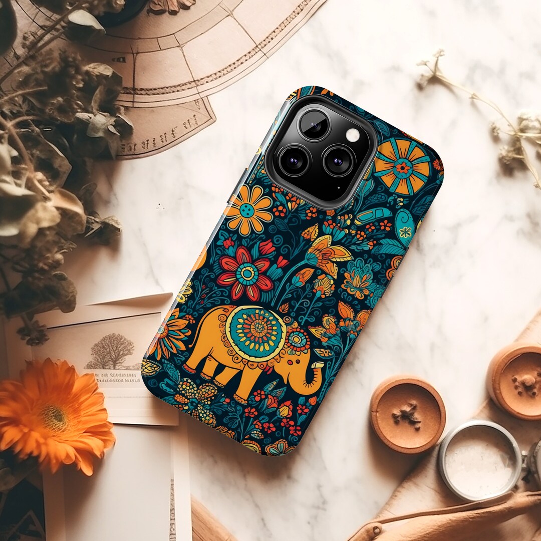 IPhone Case Retro Elephant Print, Groovy Flowers and Animal Design ...