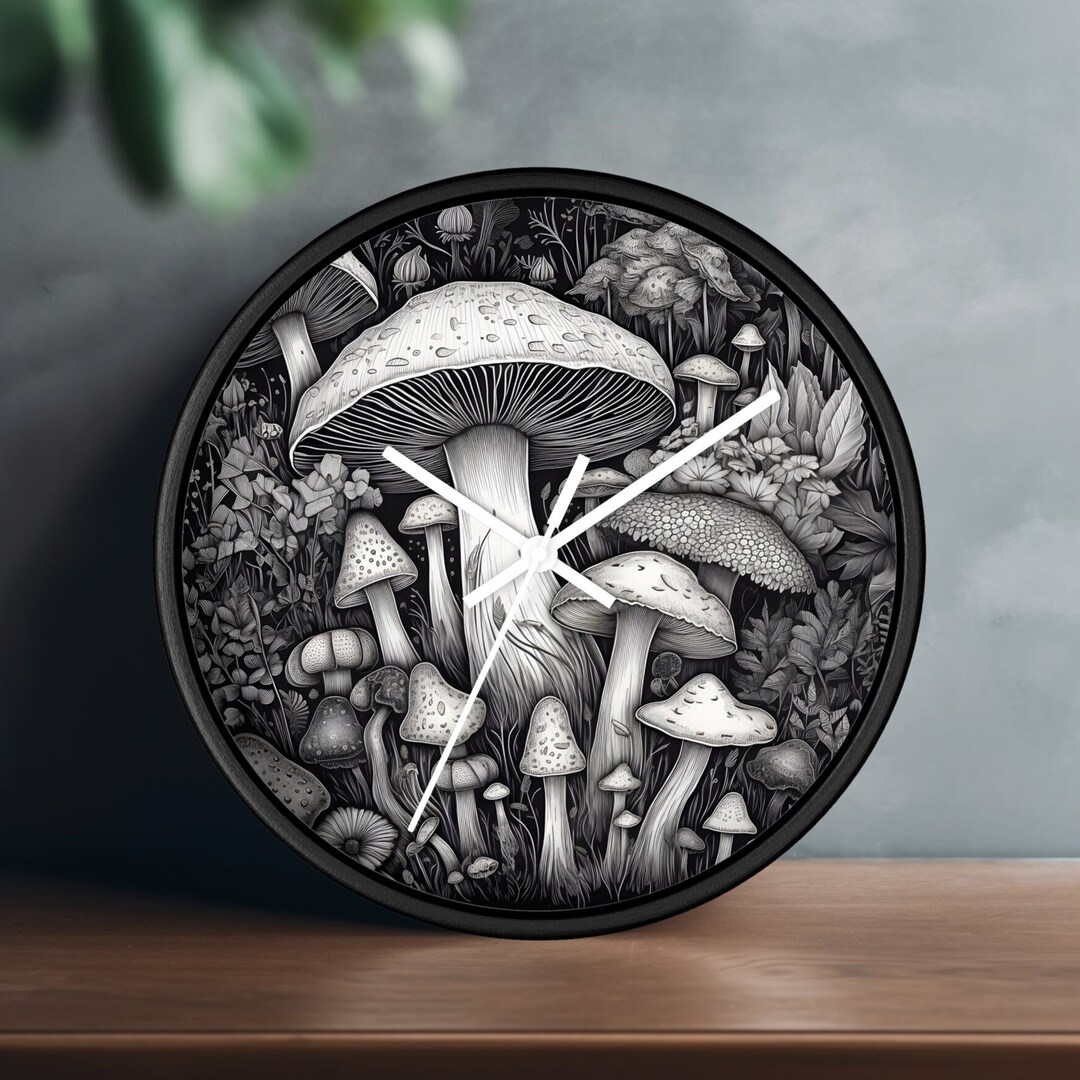 Mushroom Print, Wall Clock, Round Wall Clock, Mushroom, Wall Art, Home ...