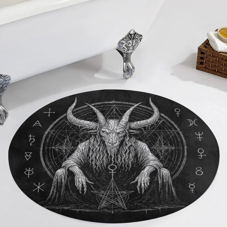 Baphomet Pentagram Round Rug, White Goat Head Satanic Mat, Gothic Moon ...