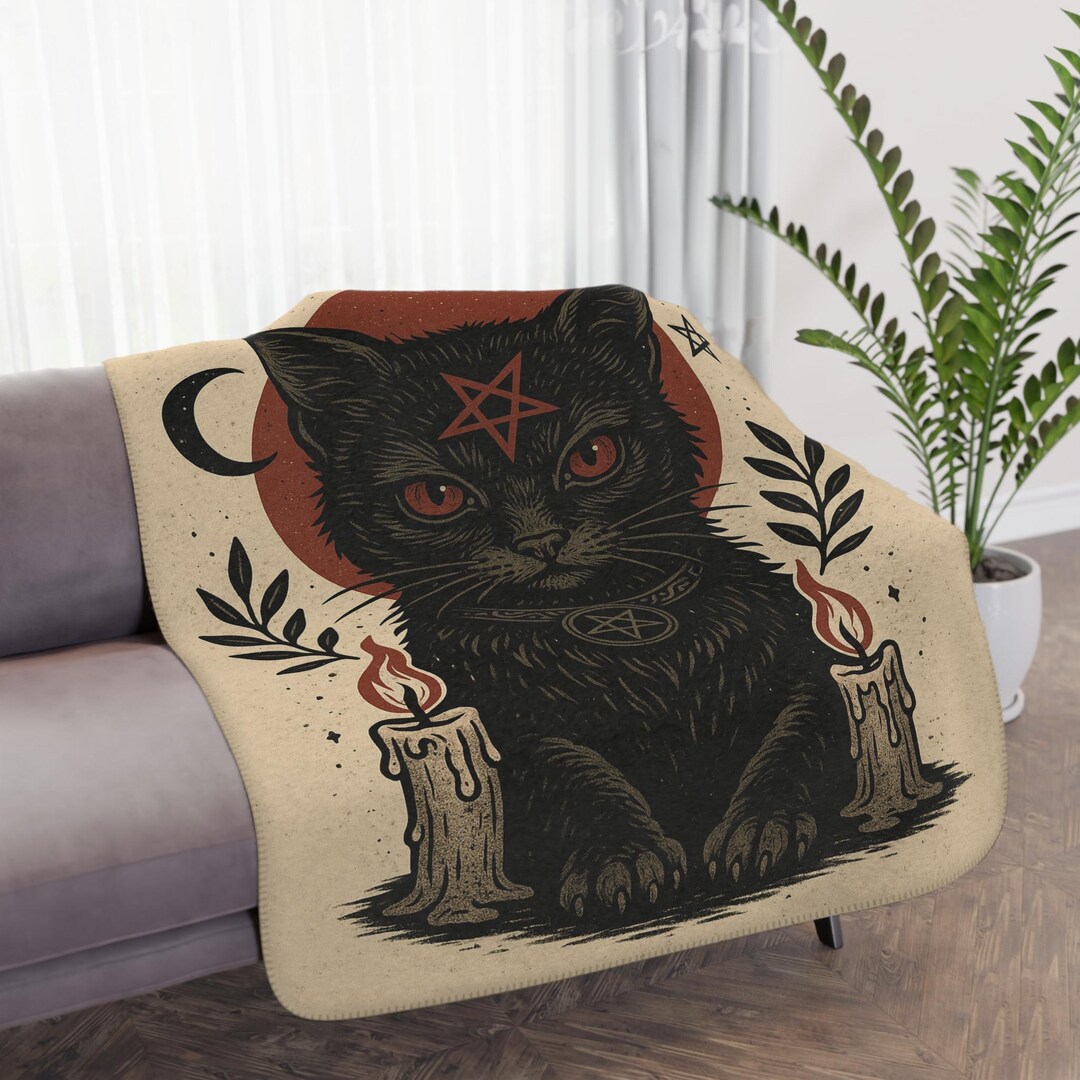 Satanic Cat Lunar Tan Sherpa Blanket | Occult Moon Kitty Throw | Witchy ...