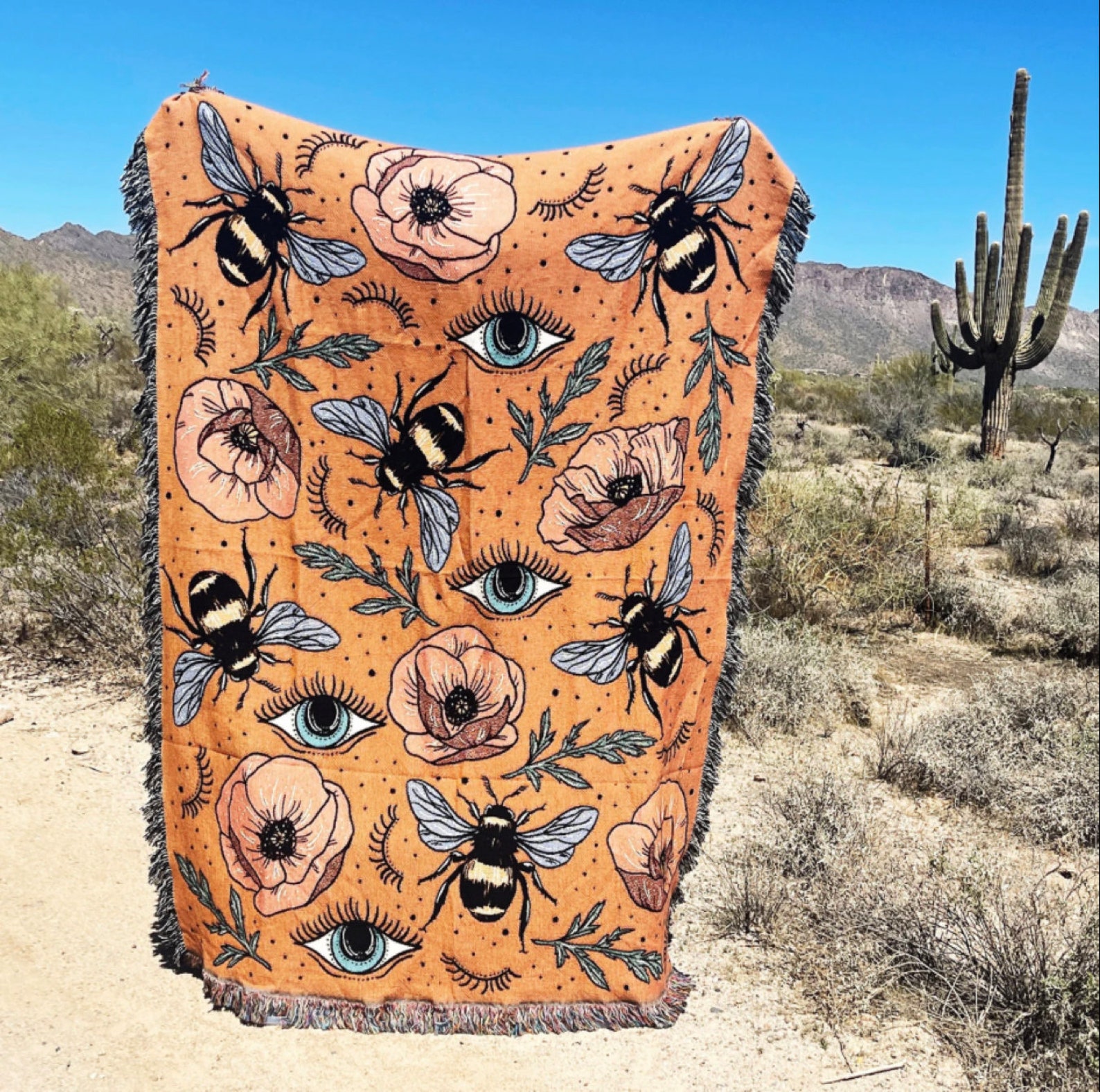 Floral Bee Pattern Woven Throw Blanket, Bee Pattern Woven Throw, Bee ...