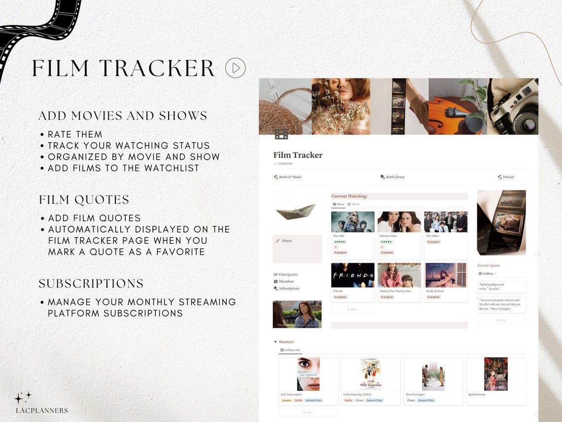 Books & Media Tracker Notion Template Aesthetic Film Show - Etsy