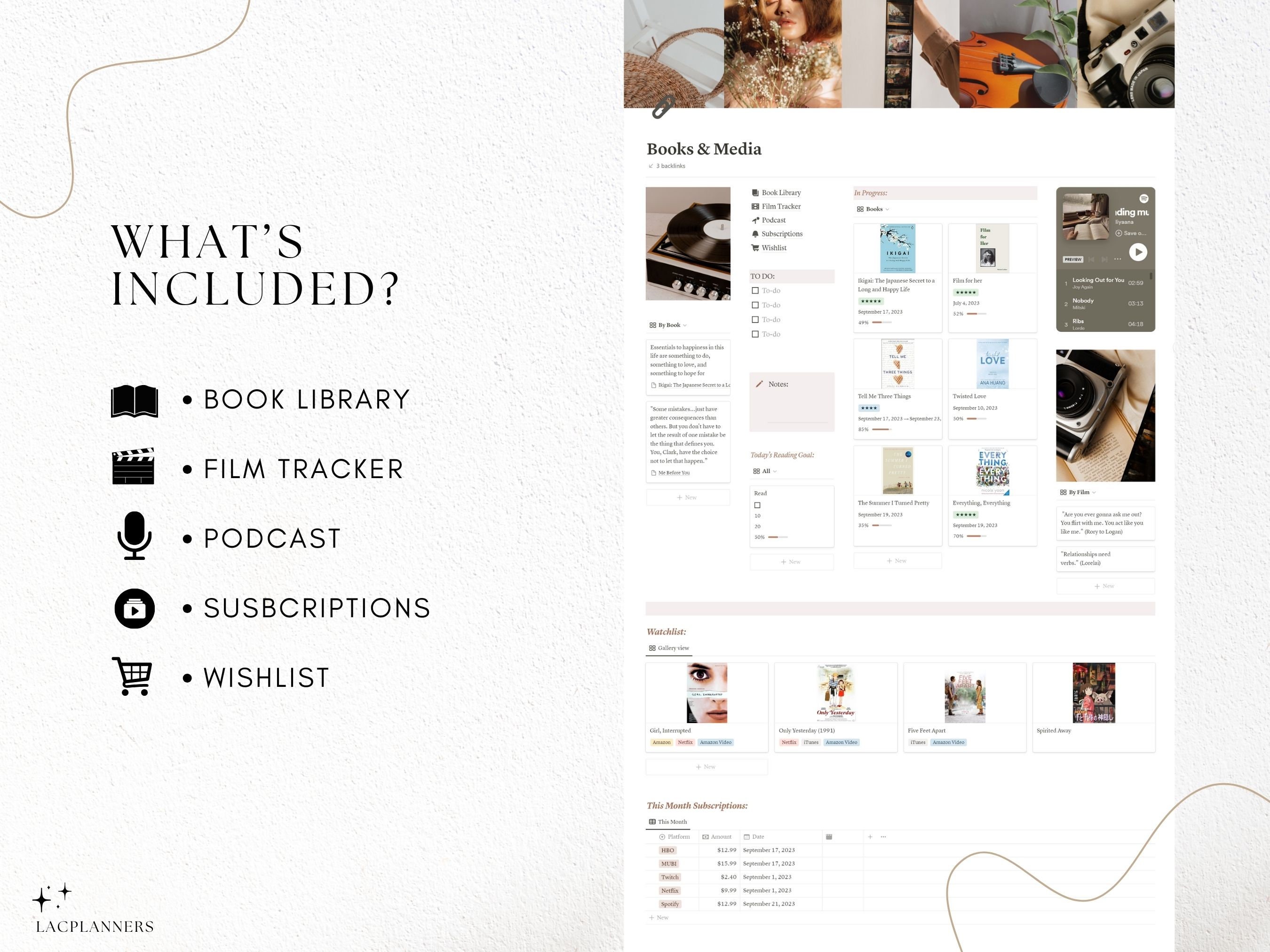 Books & Media Tracker Notion Template, Library Manager, Aesthetic Film ...