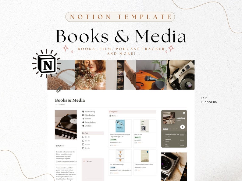 Books & Media Tracker Notion Template, Library Manager, Aesthetic Film ...