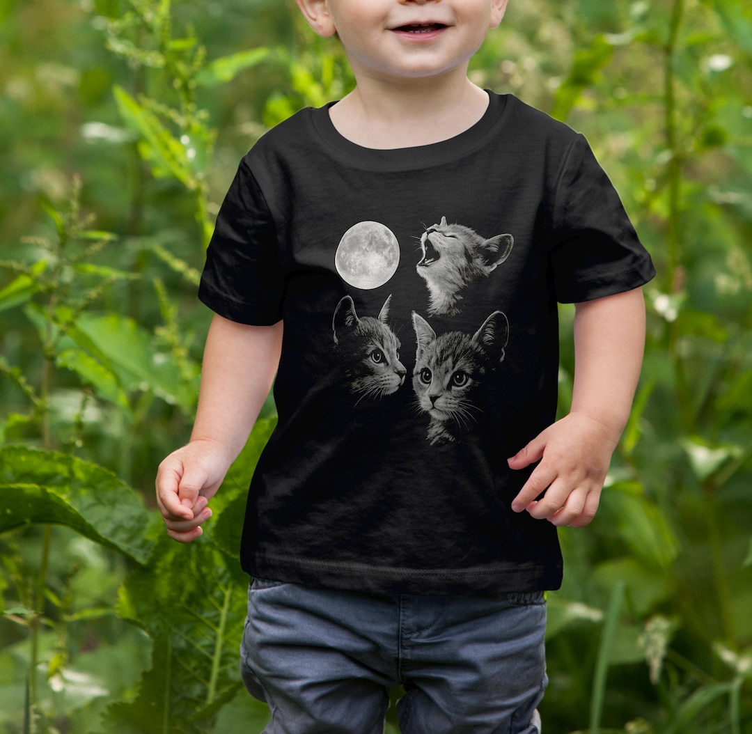 Mystical Cat Moon Shirt for Kids - Black Cotton Tee With Three Kittens ...