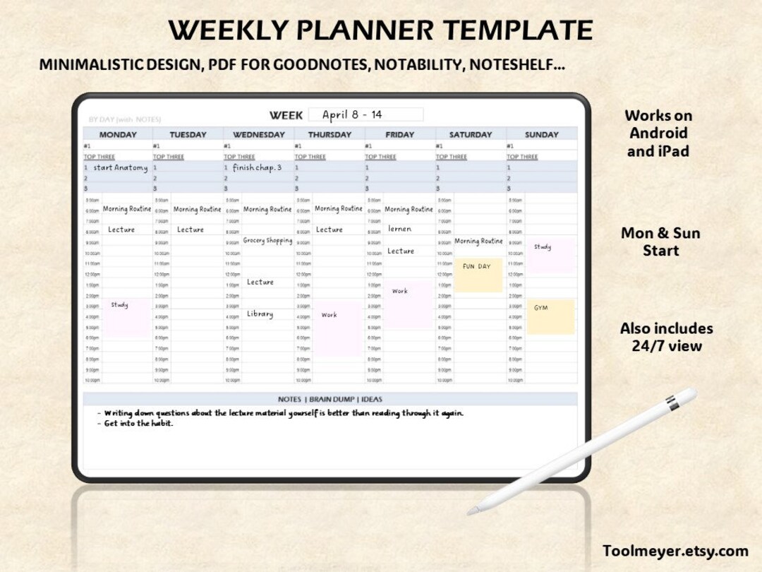 Weekly Planner Goodnotes Template, Hourly Planner, Undated, Digital ...