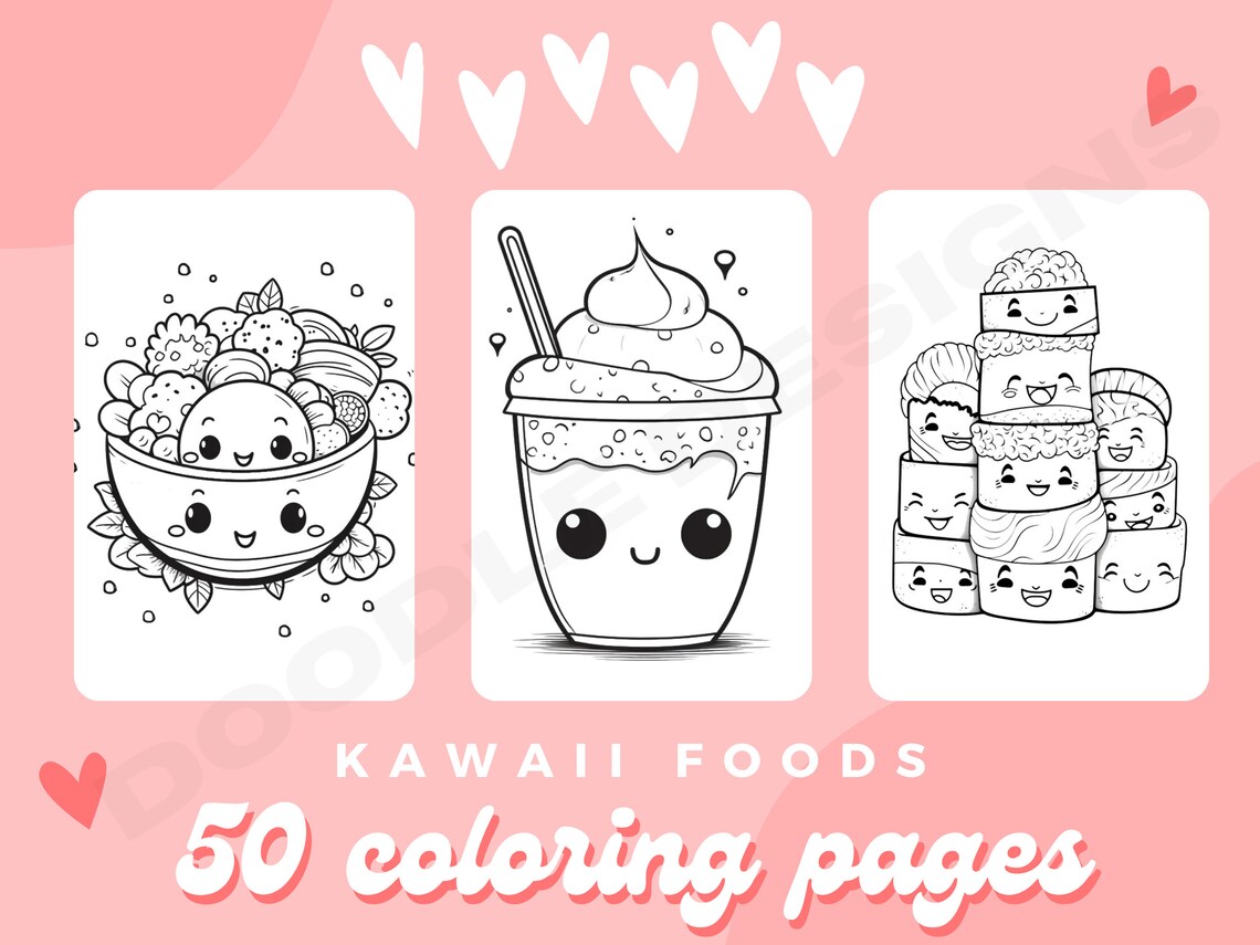 Kawaii Food Coloring Pages | 50 Pages | for Kids and Adults | Cute ...
