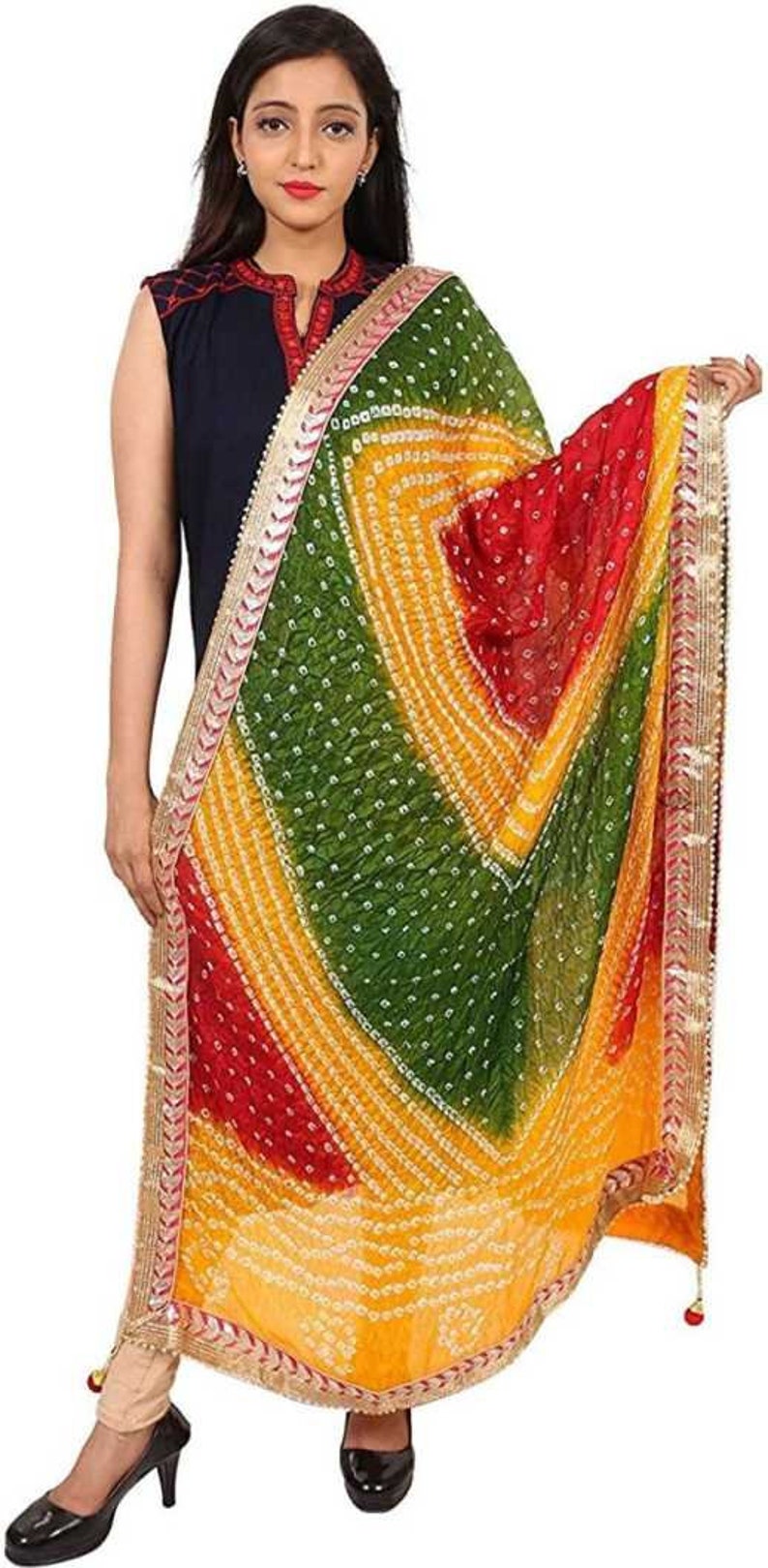Women Jaipuri Bandhani Dupatta With Gota Work and Latkan Rajasthani ...