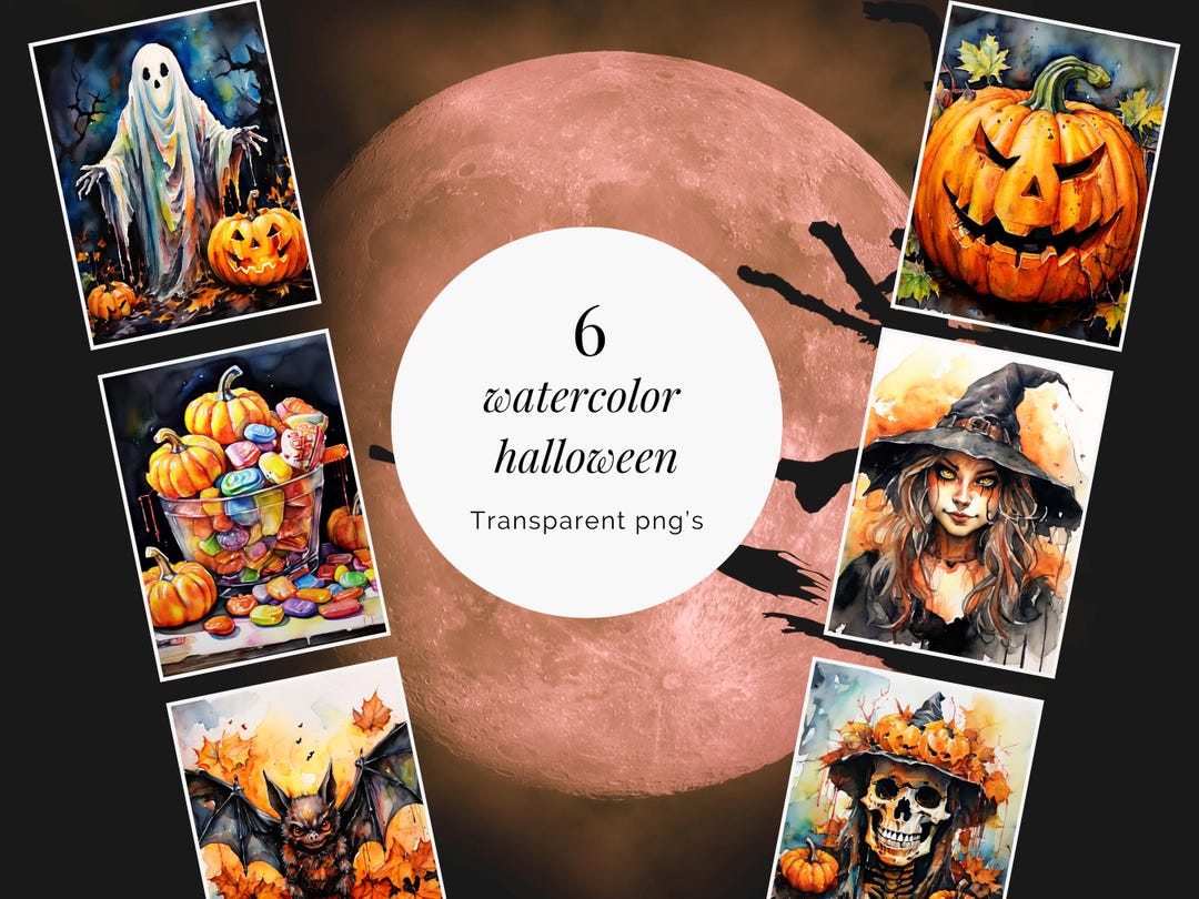 Watercolor Halloween Clipart | Witch, Ghost, Candy, Bat, Skeleton ...