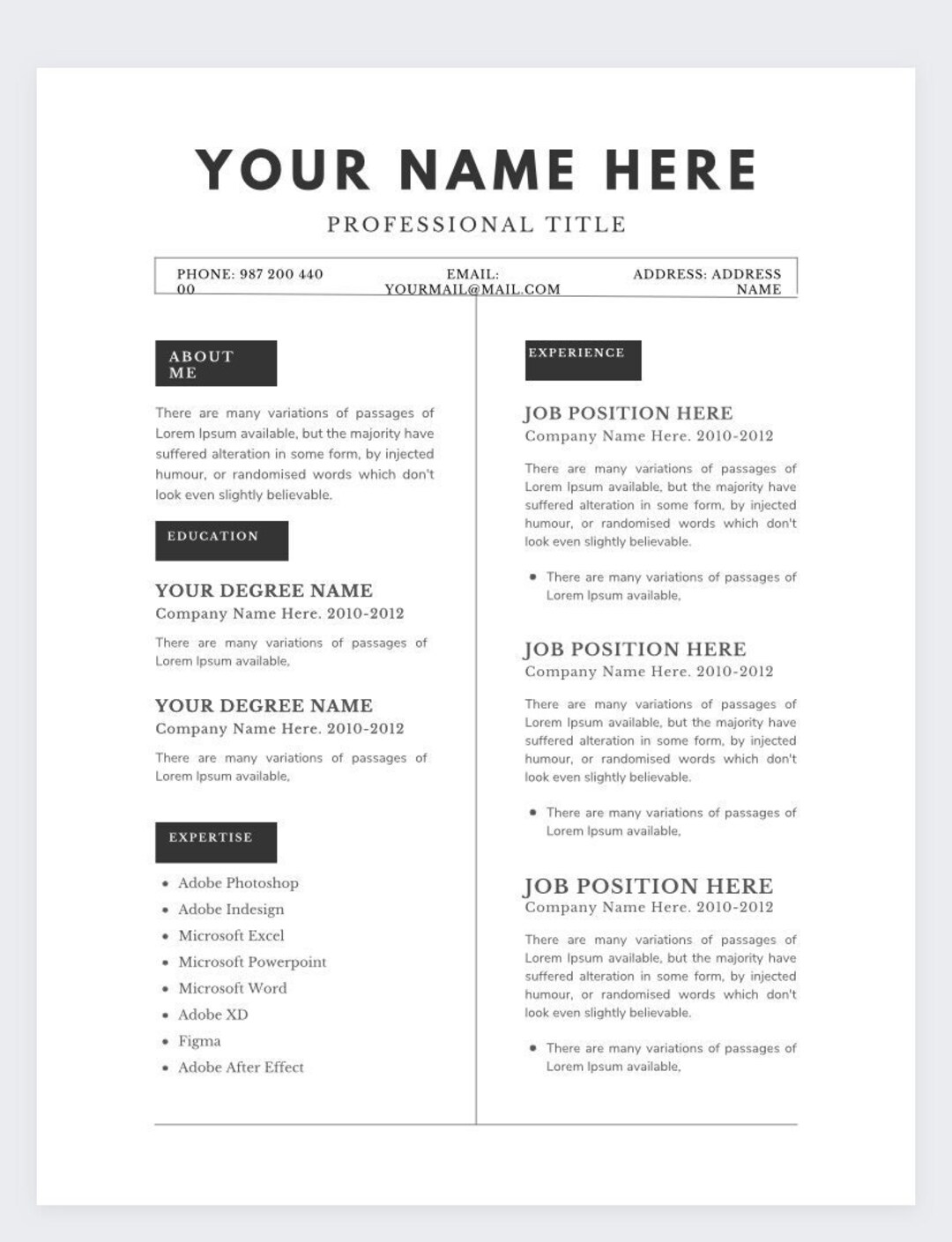Simple Resume Template Printable - Etsy