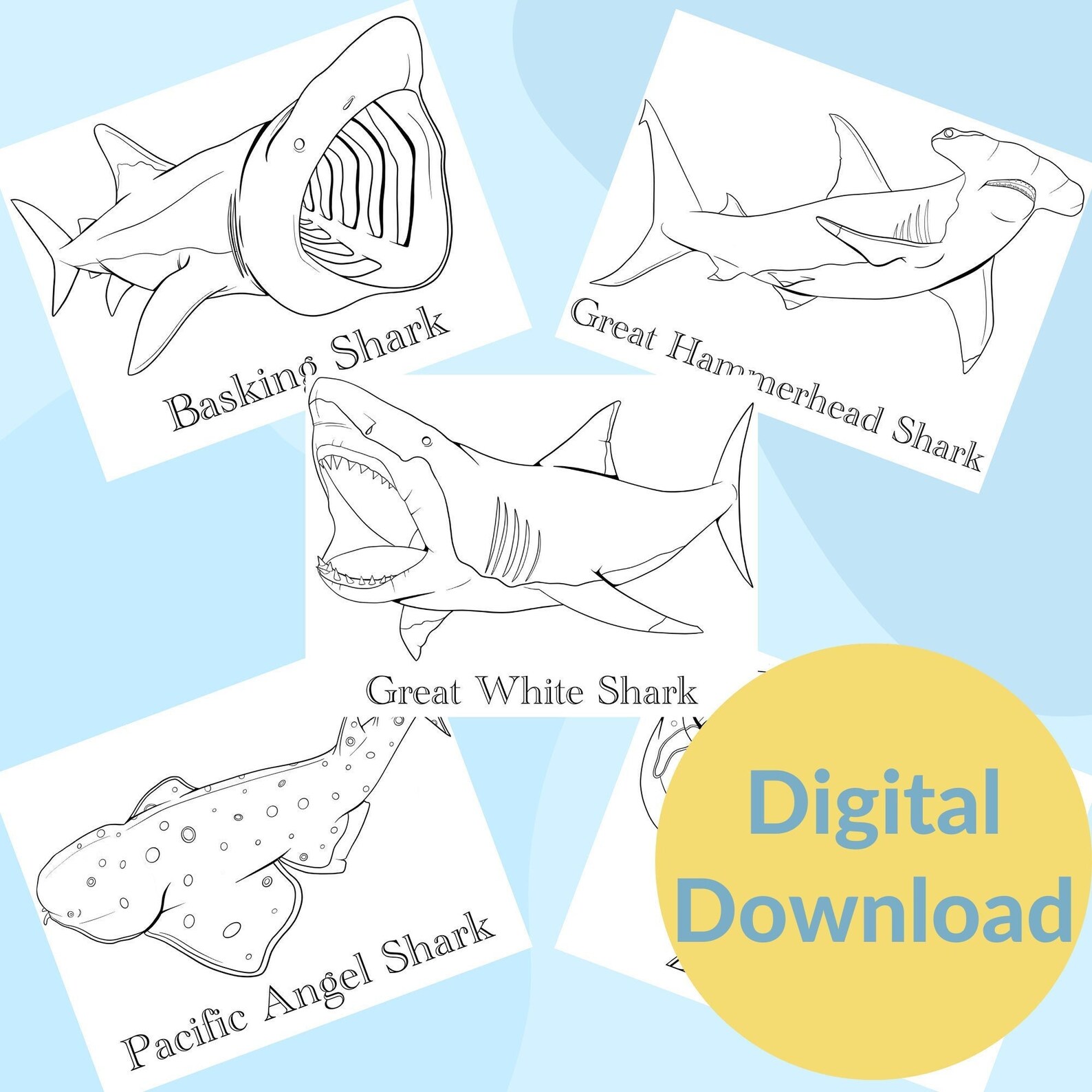 5 Shark Printable Coloring Pages Educational Marine Animals Instant PDF ...