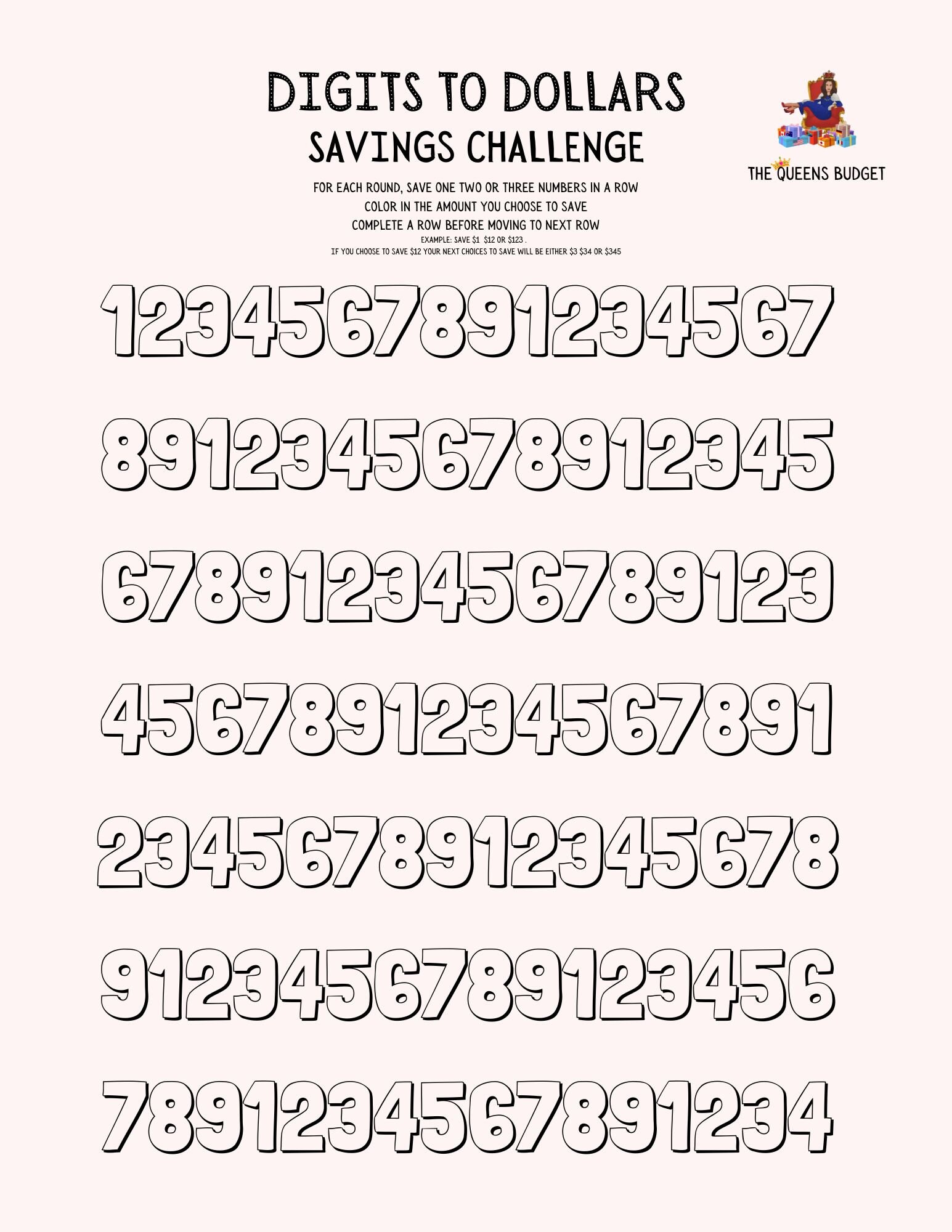 Digits to Dollars Saving Challenge. Printable PDF Download. Two ...