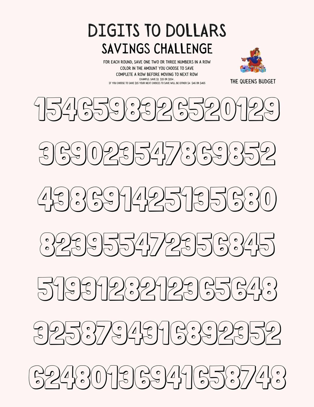 Digits to Dollars Saving Challenge. Printable PDF Download. Two ...