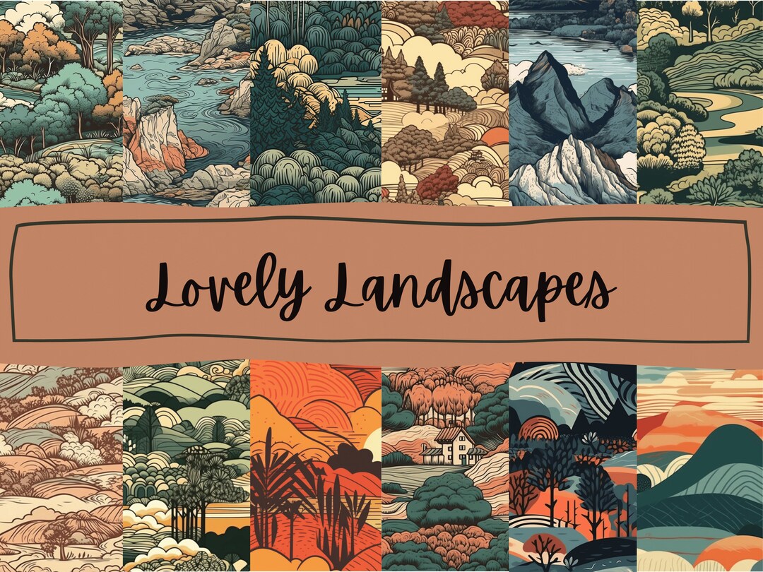 Illustrated Landscapes Seamless Patterns, Digital Paper, Landscapes ...