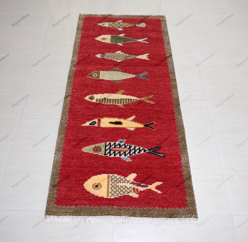 Koi Fish Runner Rug: Red Colorful Carpet Handmade Wool Area Carpet 2 ...