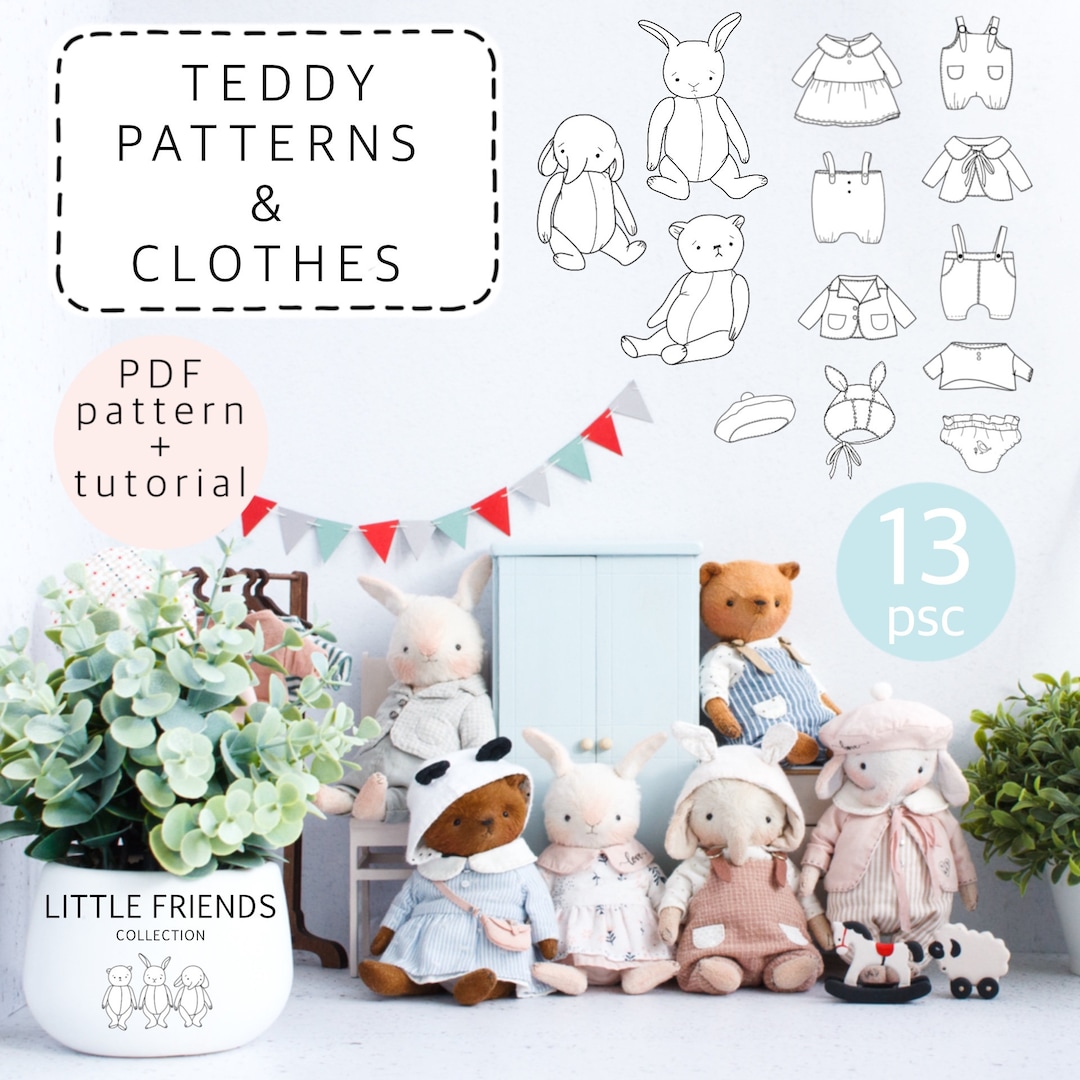 Set of Teddy Patterns and Clothes, Teddy Bear Pattern, Elephant Sewing ...