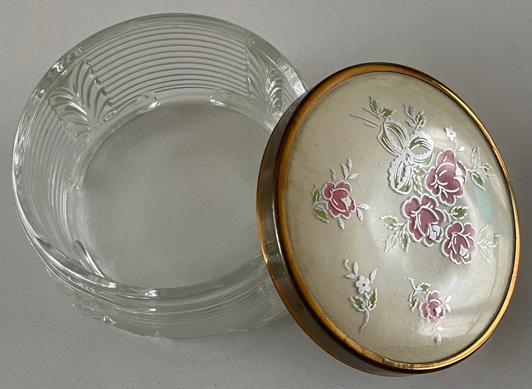 French Glass Powder Dish With Rose Décor Brass Metal Lid. Art Deco ...