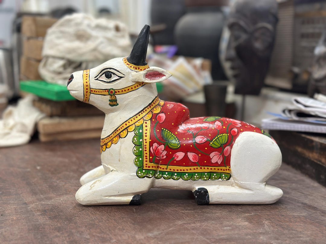Handcrafted Wooden Nandi Cow Statue: Hand-painted Indian Decor - Etsy