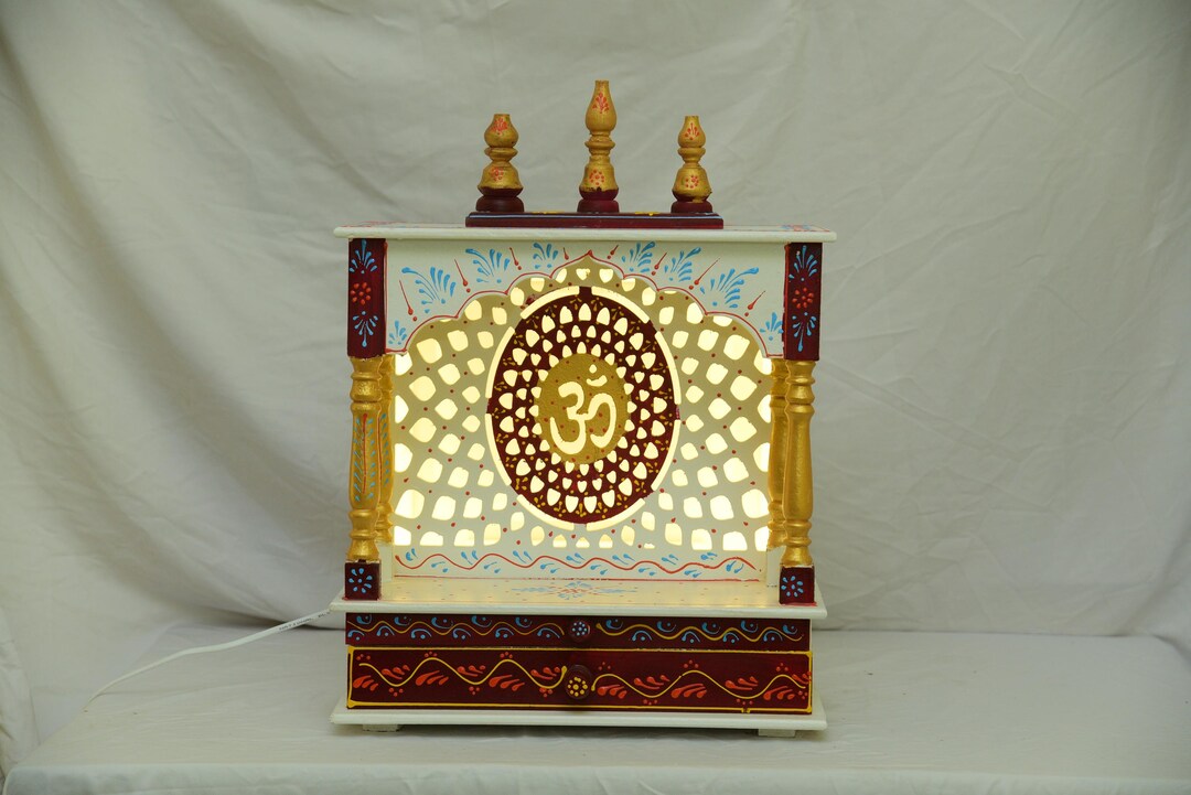 Hand-painted Wooden Pooja Mandir - White and Gold Home Temple With LED ...