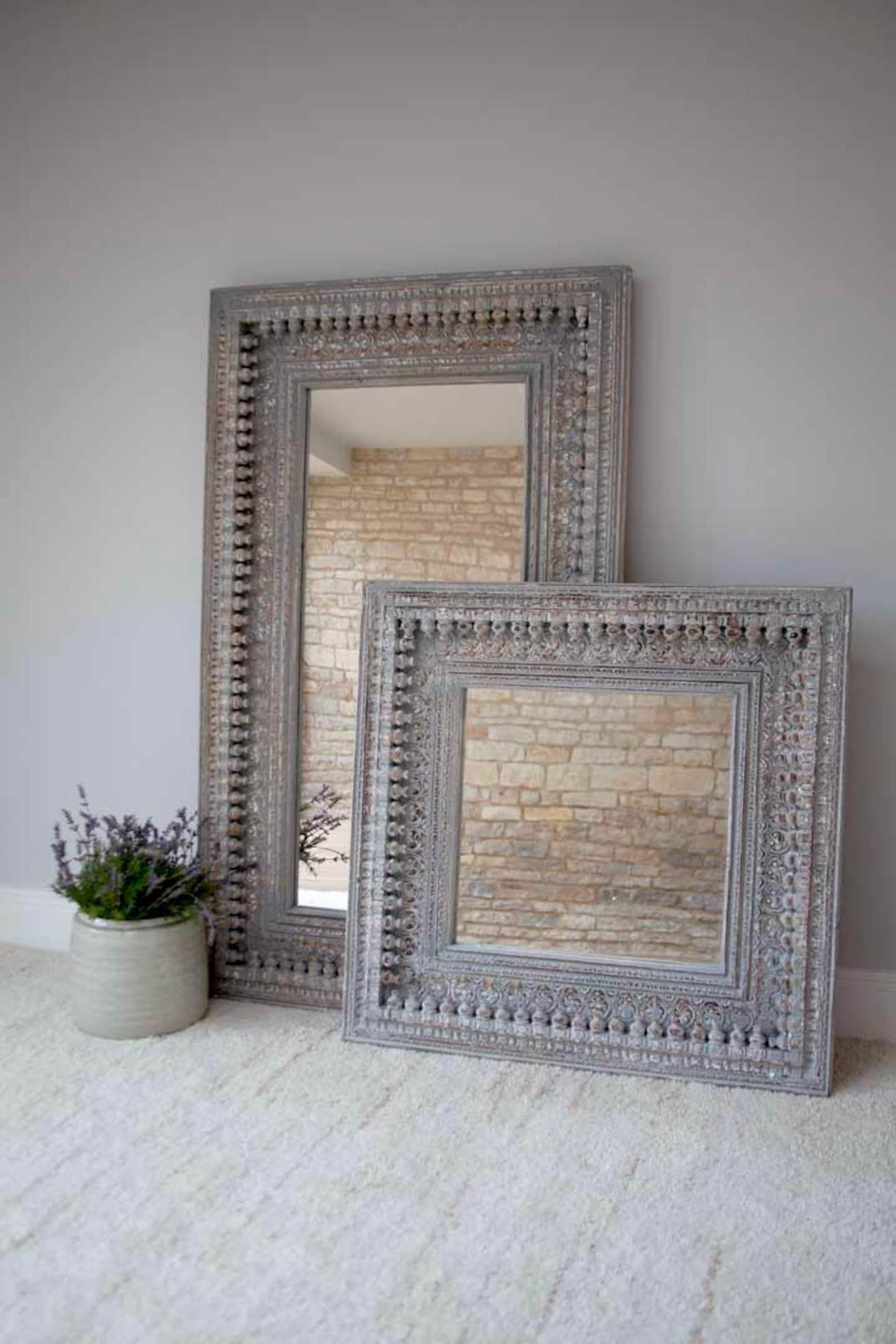 Handcarved Mango Wood Mirror Frame: Distressed White Indian Carving - Etsy